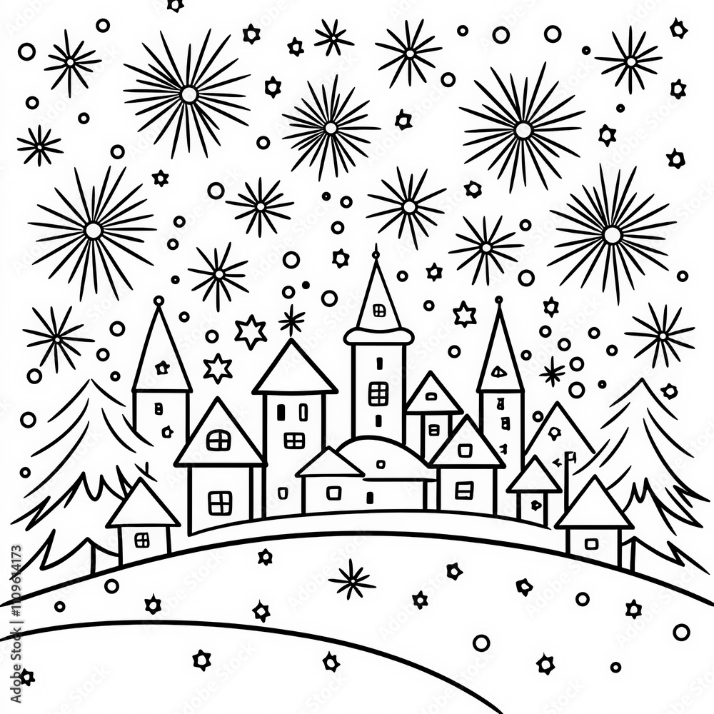 A magical winter night with fireworks, coloring page for kids, simple ...