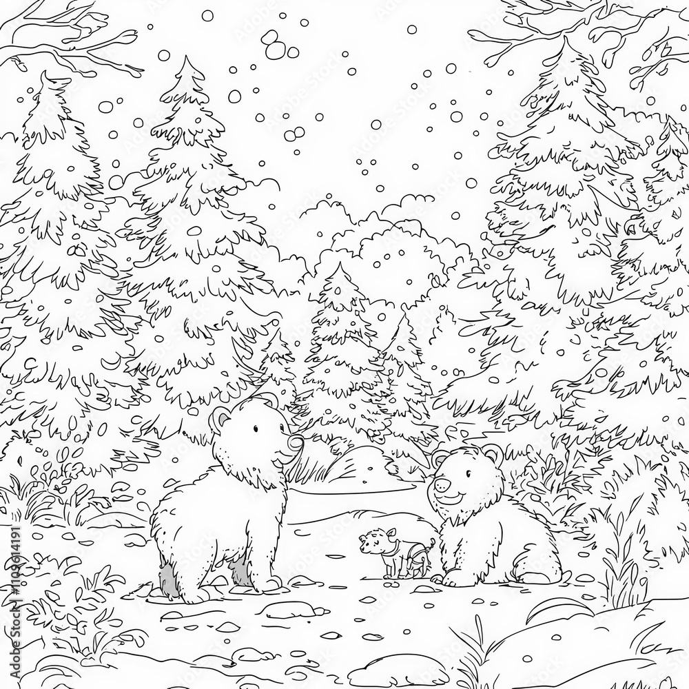 A snowy forest with pine trees and animals, coloring page for kids ...