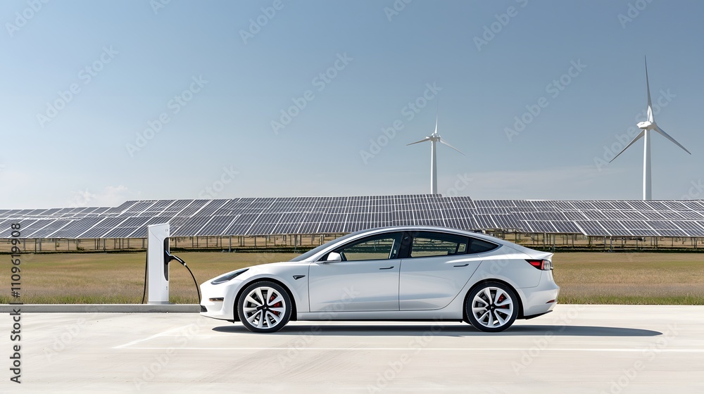 Electric car charging at solar-powered ev station renewable energy site ...