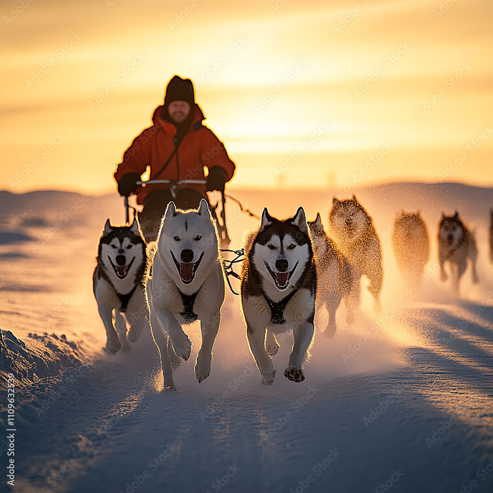 Sled with dog team running energetically through the snow, driver ...