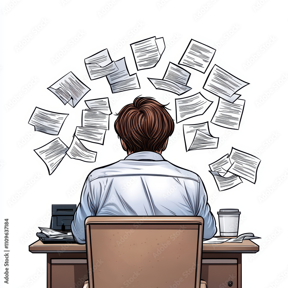 Overwhelmed employee surrounded by paperwork at office, feeling ...