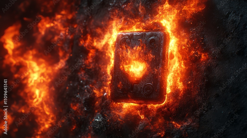 Intense fire engulfs an old electrical switch, casting a chilling glow ...