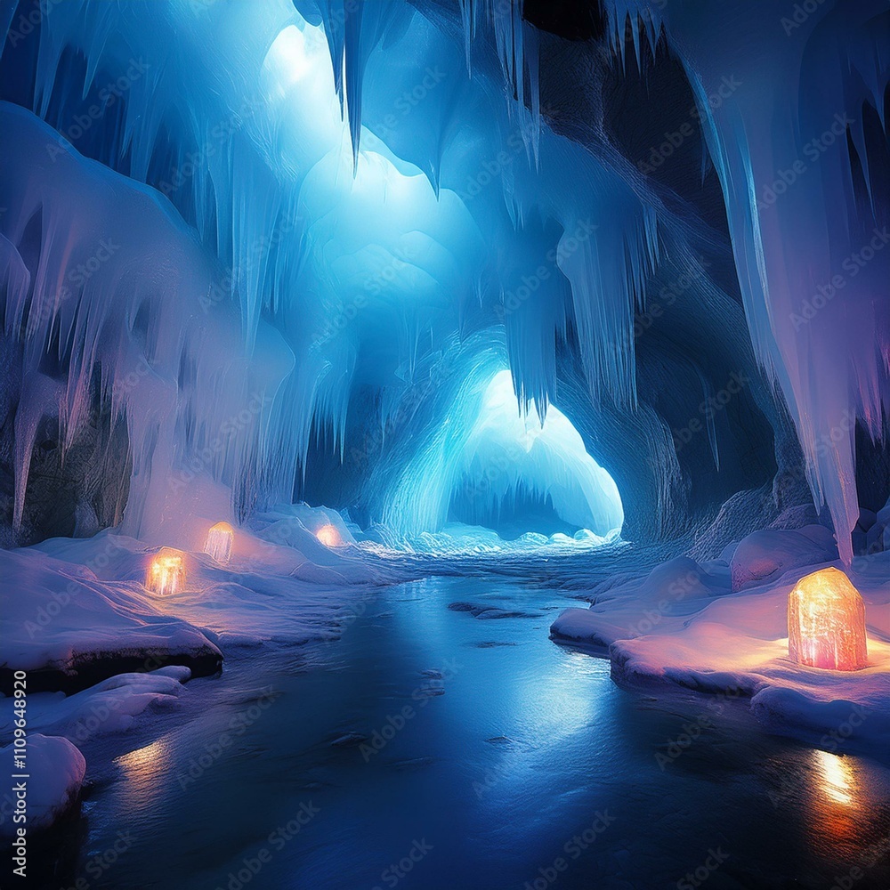 Glacial Caverns_-A majestic ice cavern with walls of shimmering blue ...
