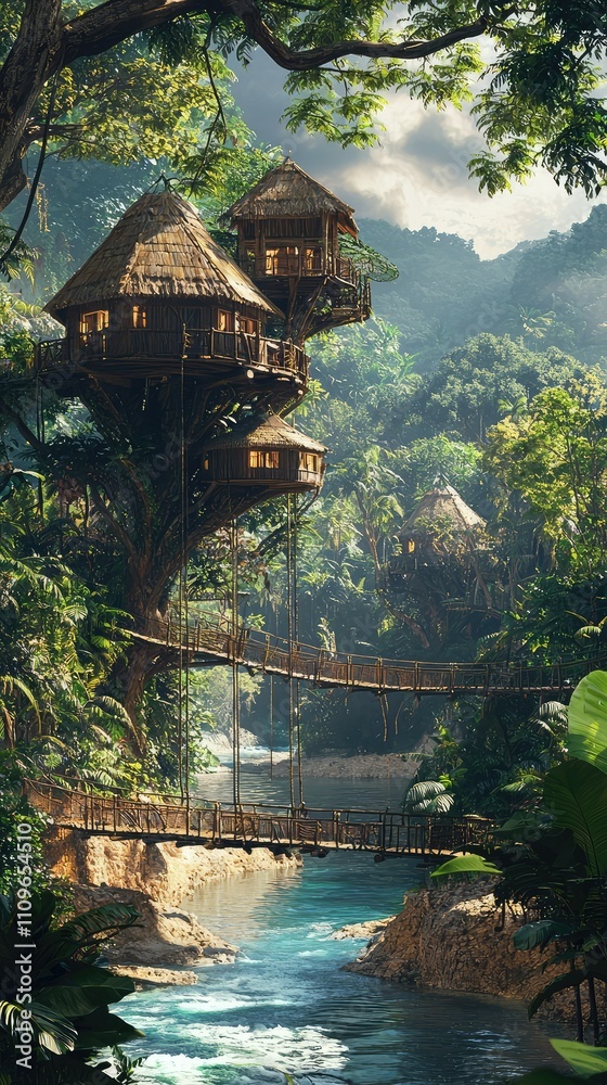 Enchanting Treehouse Village in Lush Tropical Jungle with Suspended ...