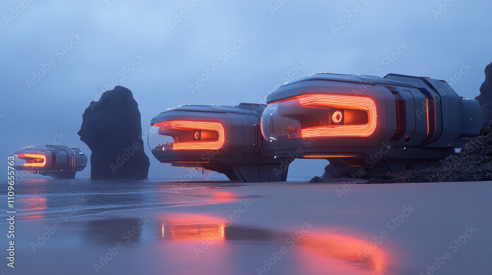 3D render of an alien beach resort with bioluminescent sand and ...