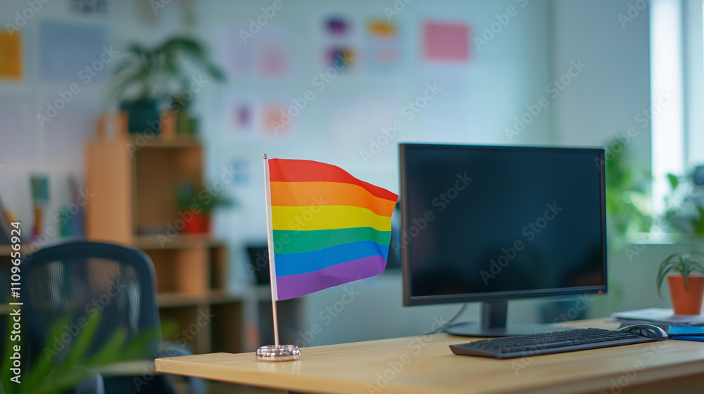 LGBTQ+ pride flag displayed on a modern office desk, symbolizing ...
