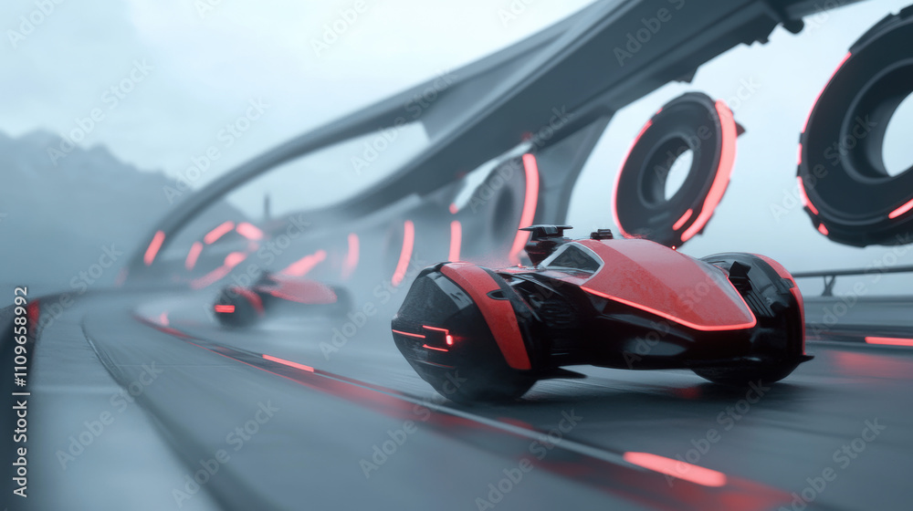 Futuristic racing track with hovercars speeding around, 3D render Stock ...