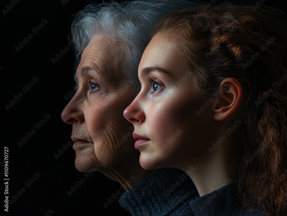 Two women portraits, young and old looking in the same direction, past ...
