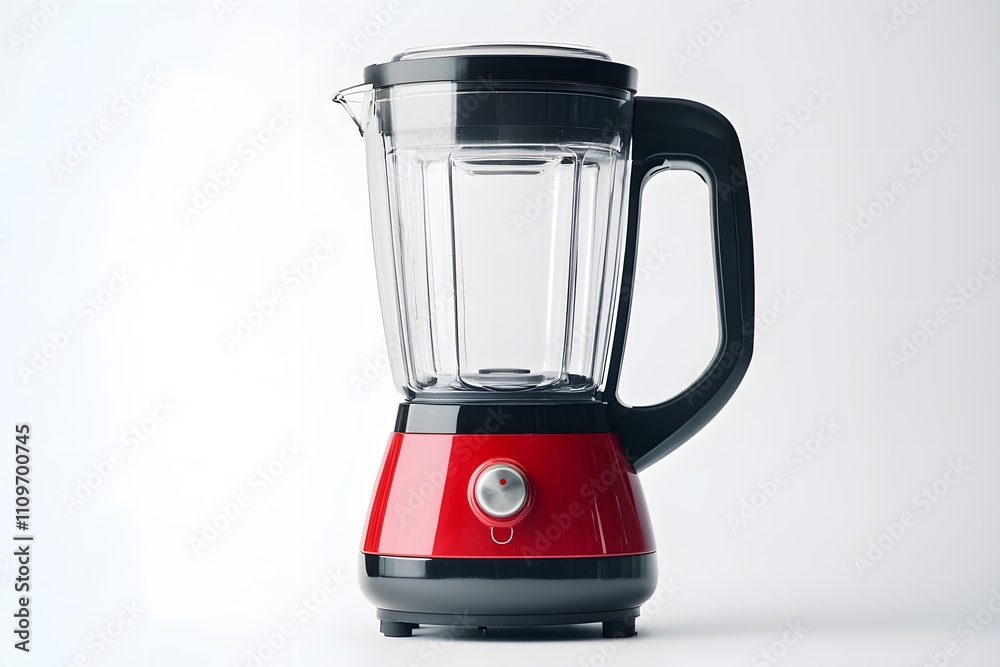 Red and black modern blender with a sturdy base on a plain white ...