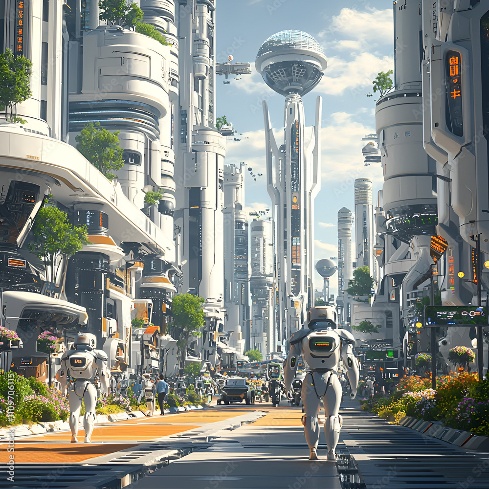 Describe a scene of future China, showing the harmonious coexistence of ...