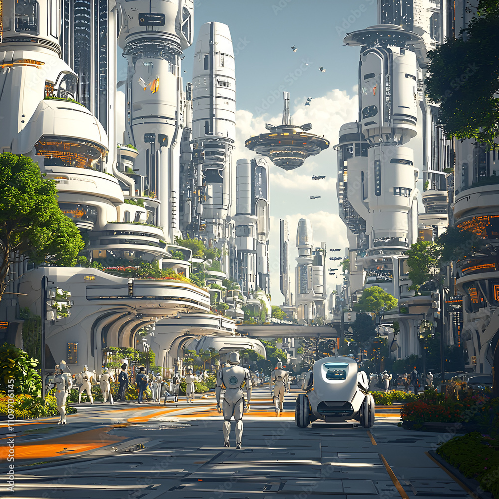 Describe a scene of future China, showing the harmonious coexistence of ...