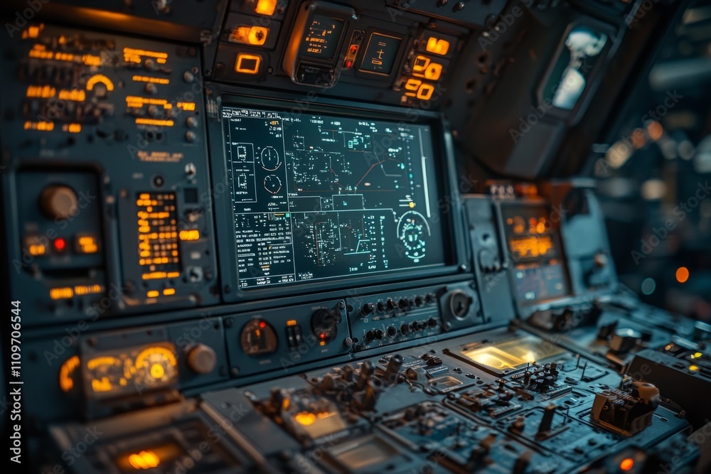 Control panel in an airplane cockpit showing flight data on screen ...