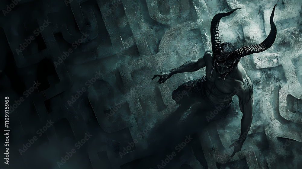 Incubus emerging from a labyrinthine background with copy space ...