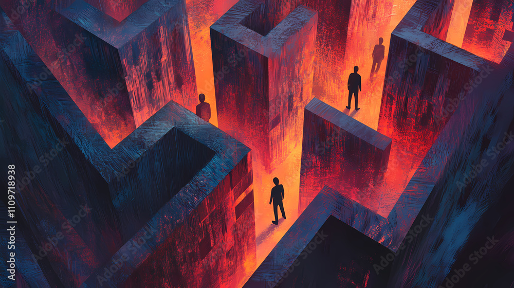 Figures trapped in a labyrinthine structure: the maze-like corridors ...