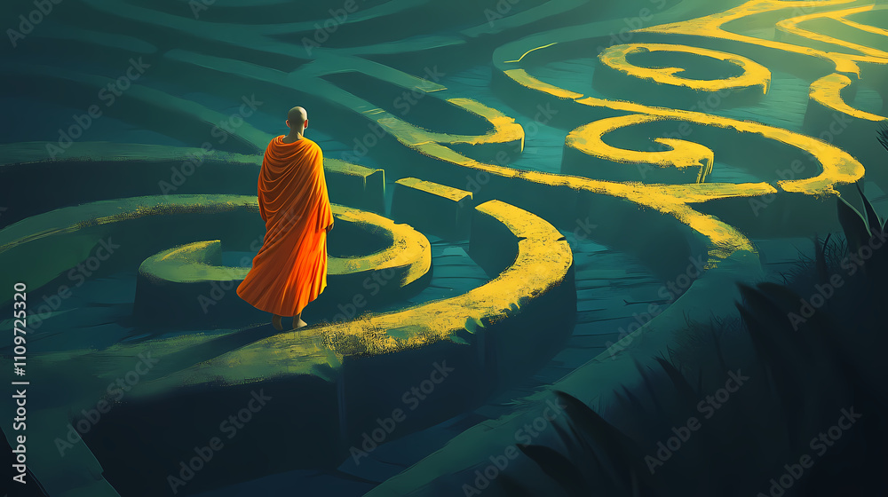 A solitary monk in an orange robe walks alone on a labyrinthine path ...
