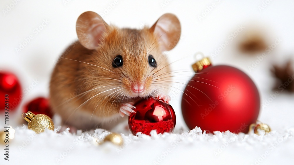 Cute little mouse holding a Christmas ornament. Stock Photo | Adobe Stock