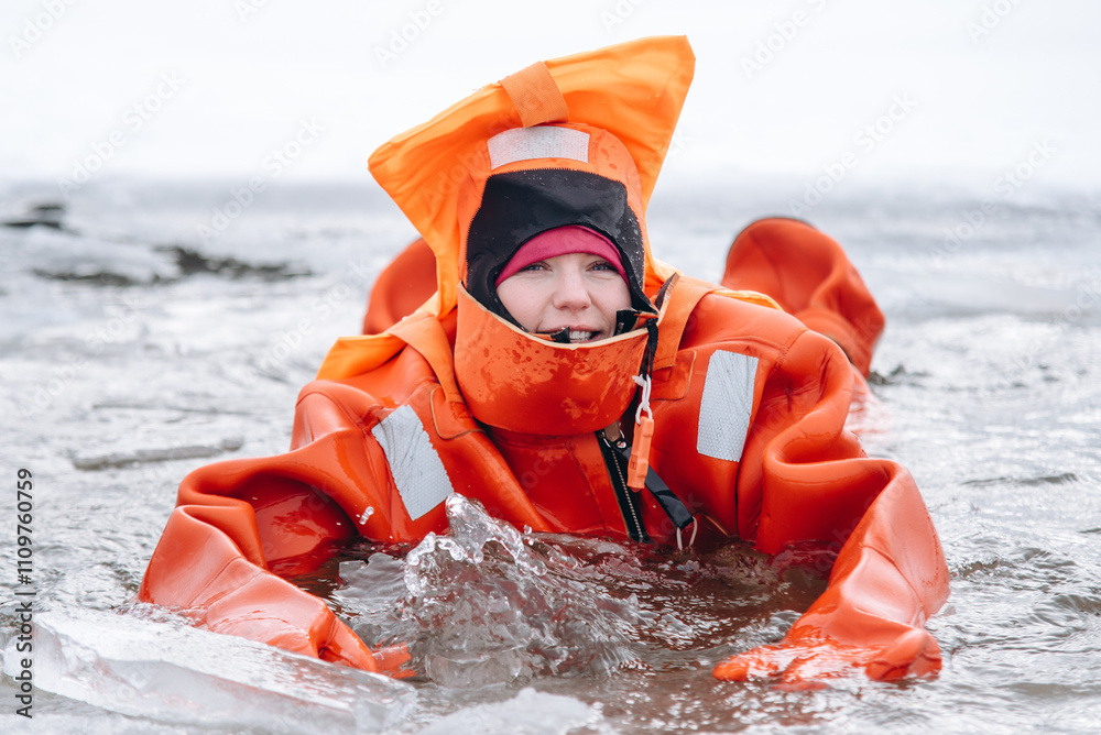 icefloating concept, swimming in cold icy water in ice hole in lake, in ...