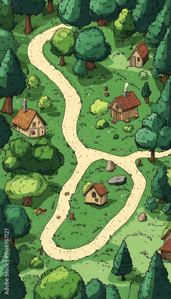 Cartoon Forest Village Map, Winding Road, Fantasy Landscape Stock ...