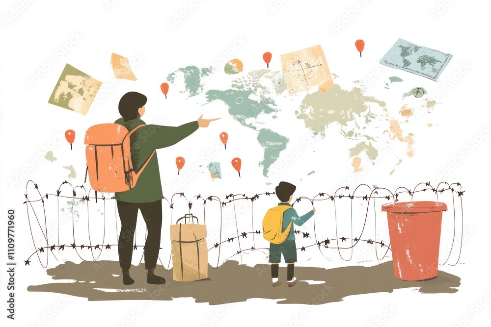 Father and son plan a journey, looking at a world map near a fence ...