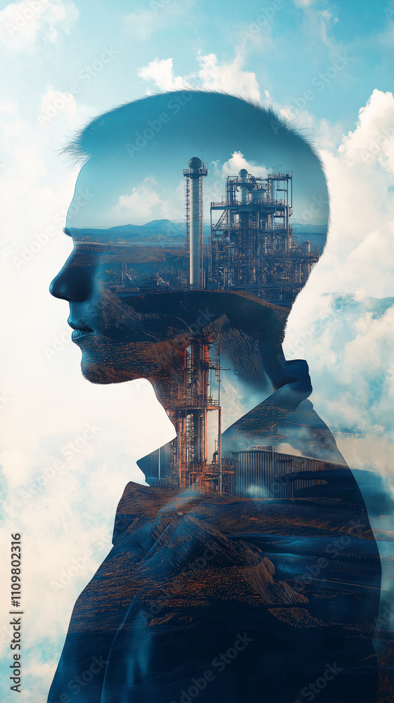 Double exposure digital art combining profile silhouette researcher ...