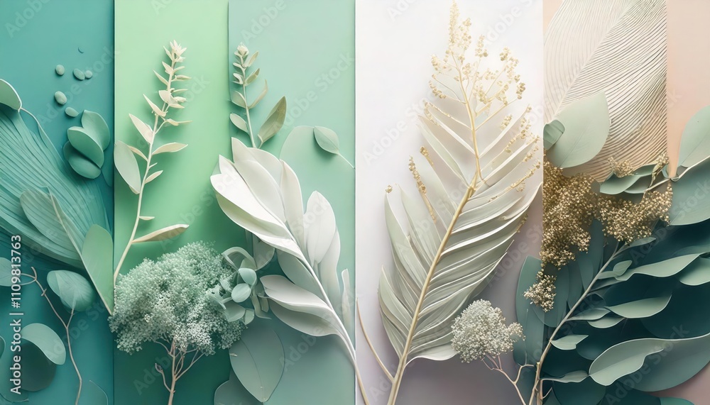 A serene color palette with soft seafoam green, pale gold, light beige ...