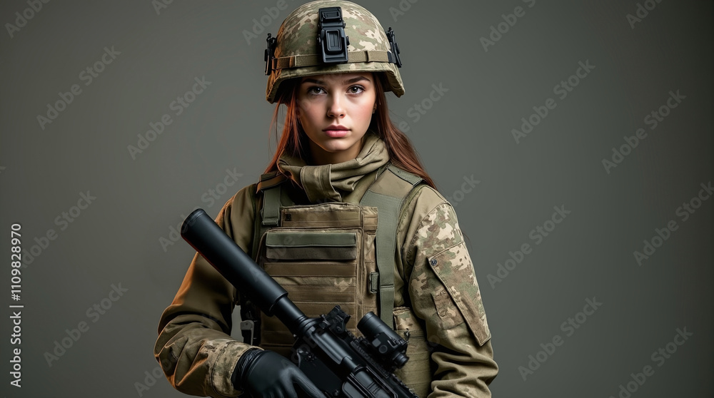 Young woman in military uniform holding a rifle, wearing a helmet with ...