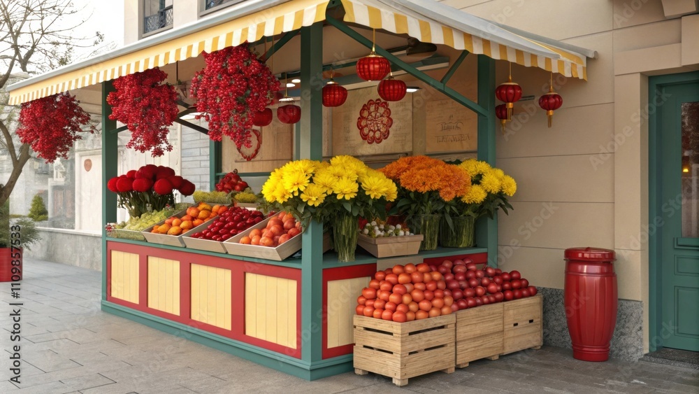 Foto de Stock Fruit and Flower Stand A corner of the shop is devoted to ...