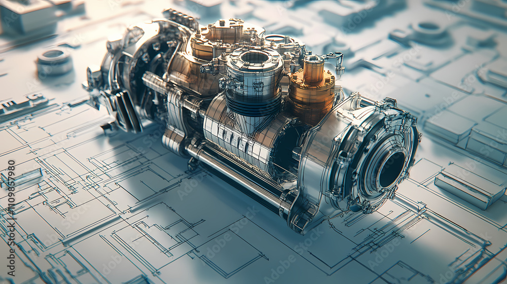 Engine 3d model on top of engineering schematics - automotive mechanical engineering. Mechanical ...