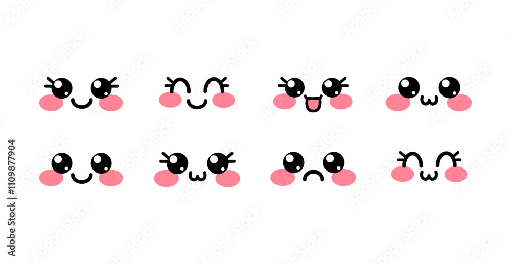 Set of cute vector kawaii emoji. Anime, manga, adorable expressive cute ...