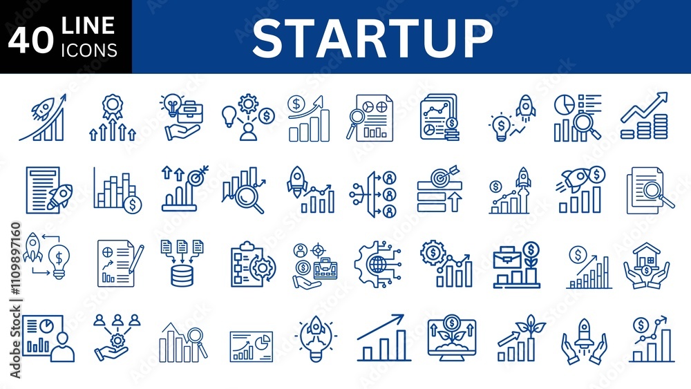 Startup icon set. Containing innovation, business plan, investment ...