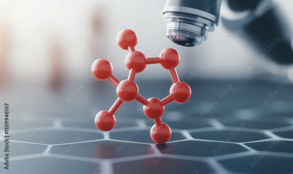 3D model of a red molecule being examined by a scientific instrument on ...