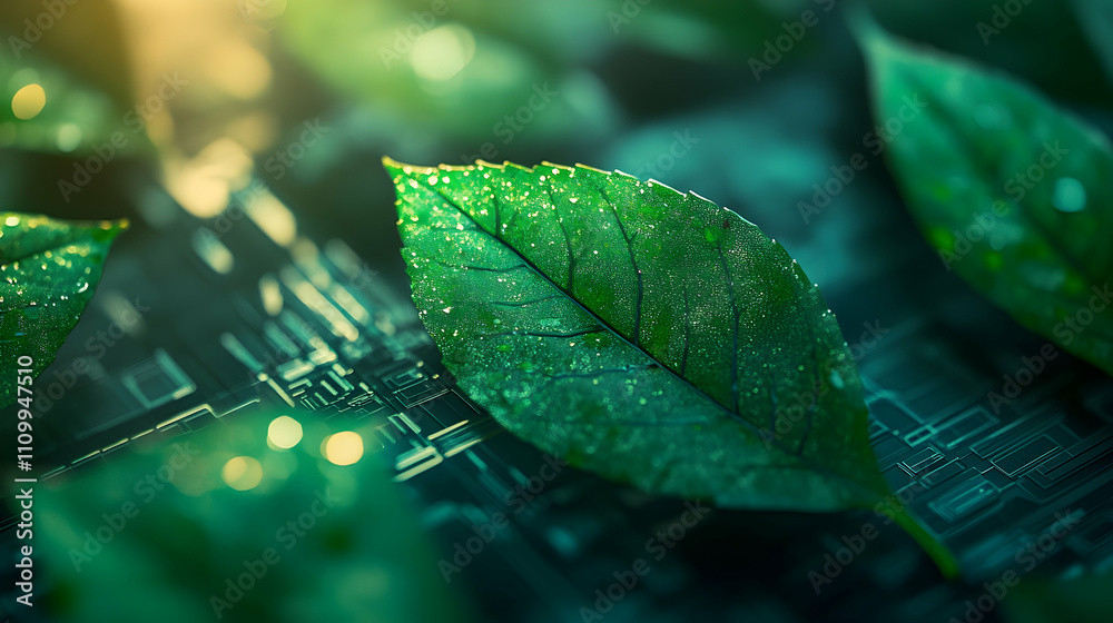 Nature-inspired technology leaf details overlaid on circuit board close ...