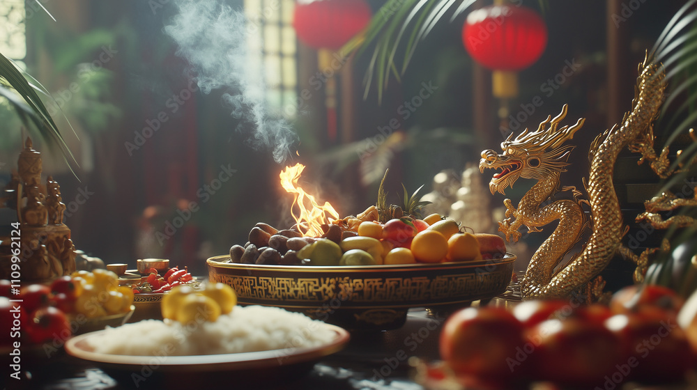 Tet ritual with an elder burning incense at an ancestral altar ...