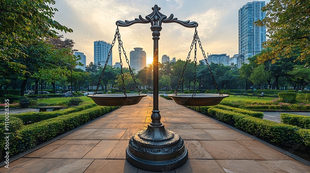 Towering Scale of Justice Presiding over City Square Symbolizing ...