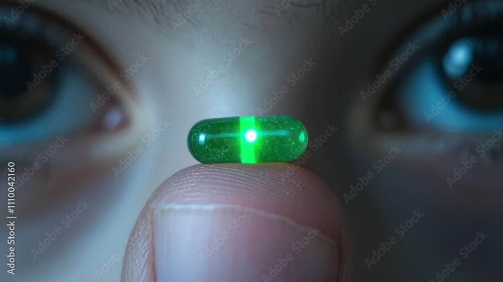 Green Pill Seduction: Young Woman Holds Glowing Tablet Between Lips in ...