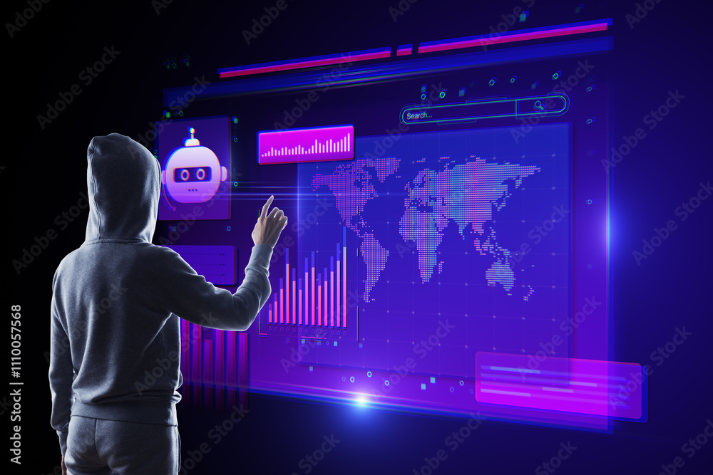 Person in hoodie interacting with futuristic digital interface displaying charts, map, and bot ...