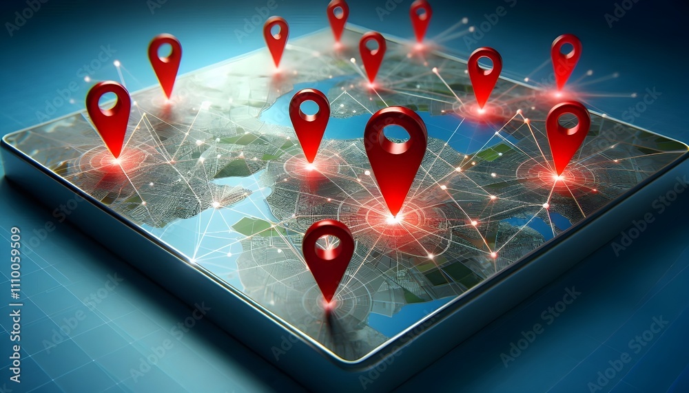 Ilustración de Stock 3d map with red location pins and network lines ...