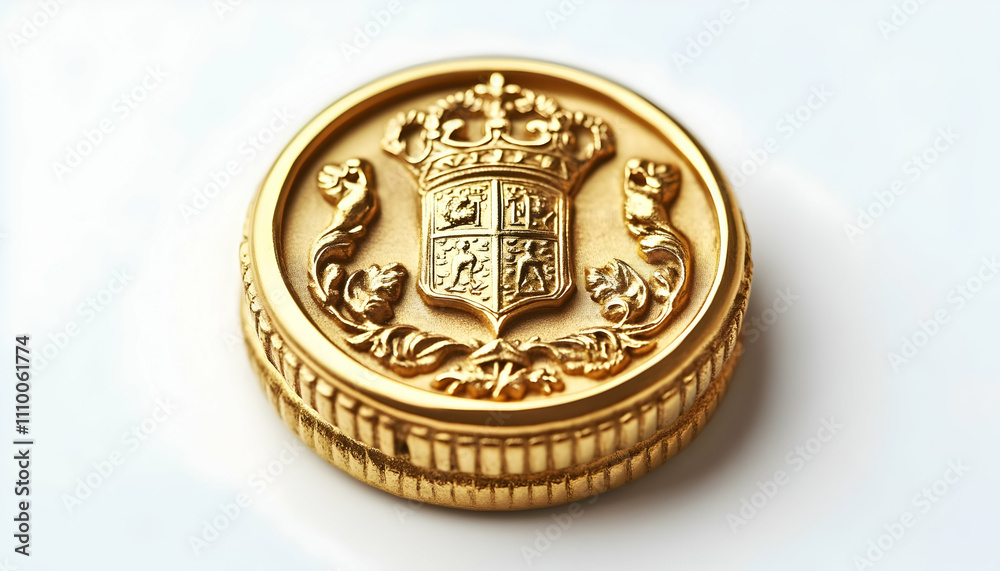 A detailed gold coin featuring a crest and decorative elements. Stock ...
