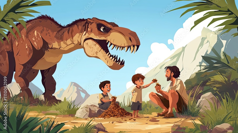 Family Gathering Prehistoric Fossils Near Tyrannosaurus Rex Stock ...