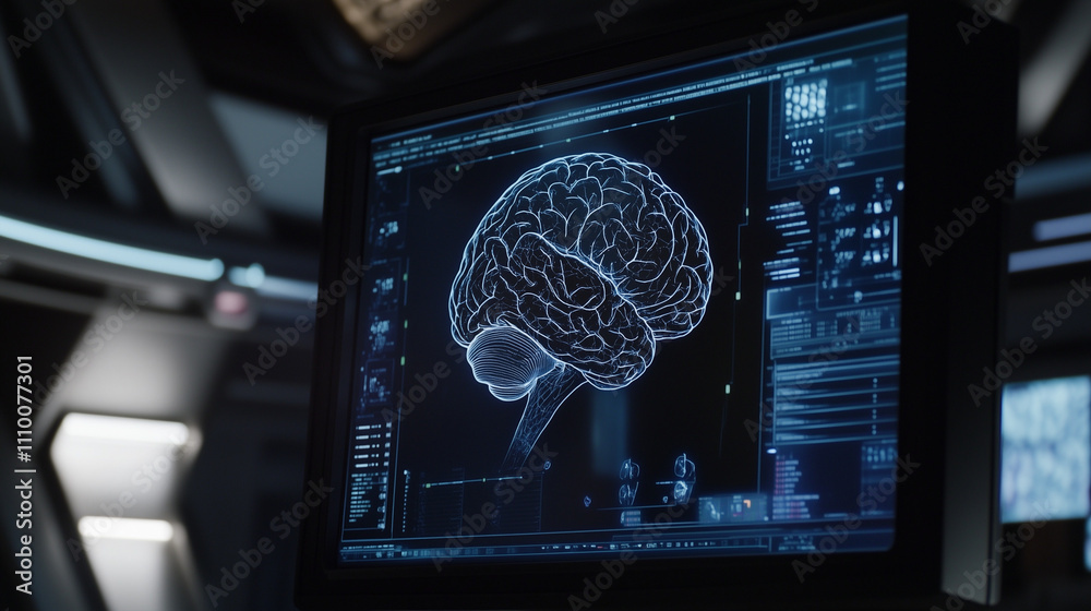 Detailed brain scan images on display screens reveal intricate neural ...