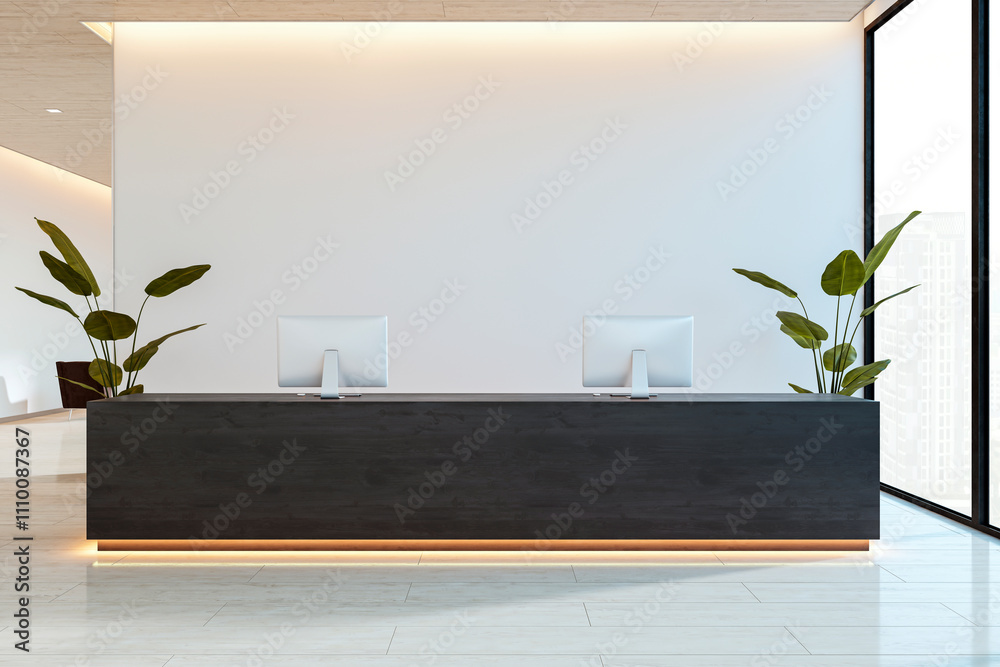 Foto de Stock Modern reception interior with dark desk, computers, and ...