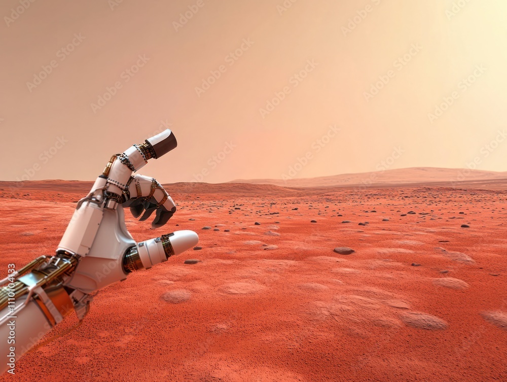 Futuristic Robotic Hand Reaching Out on the Martian Surface, Capturing ...