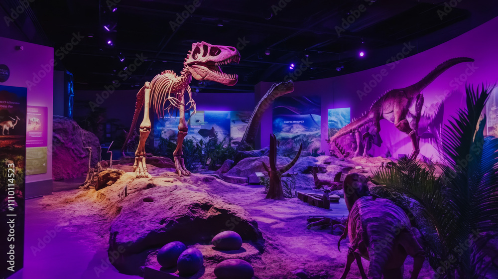 Museum exhibit featuring dinosaur skeletons and artifacts under purple ...