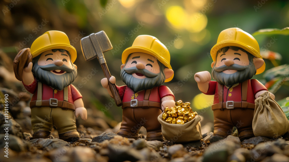 Cartoon gnome miners vector set in three poses - holds pickaxe, mines ...