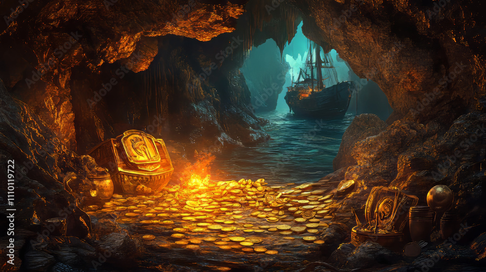 Pirate treasure cave on sea island. Vector cartoon illustration of ...