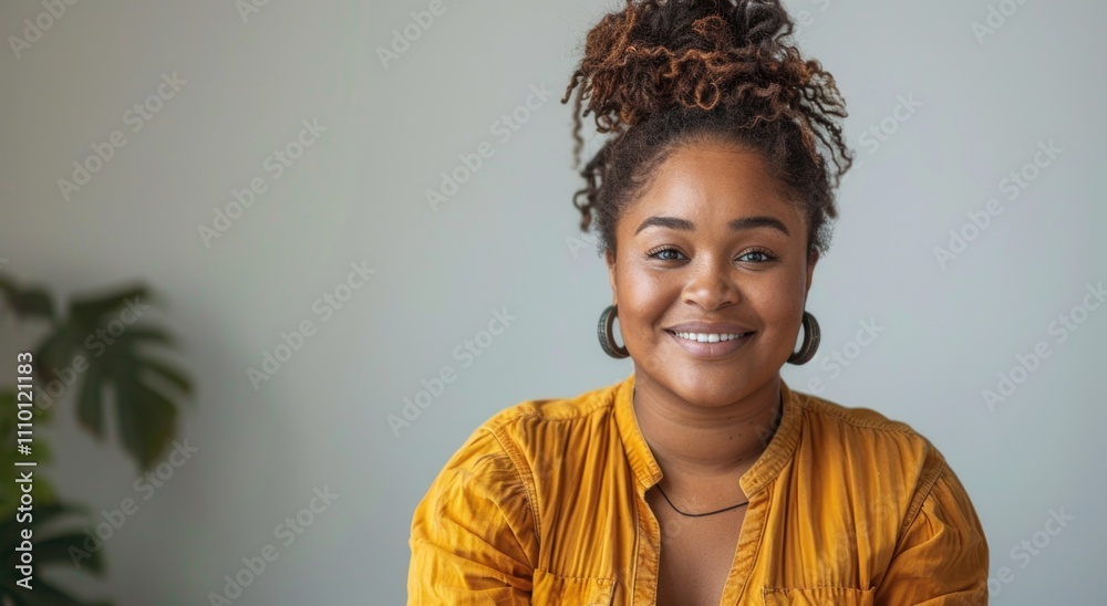 Beautiful happy plump woman model. Portrait on a studio background ...