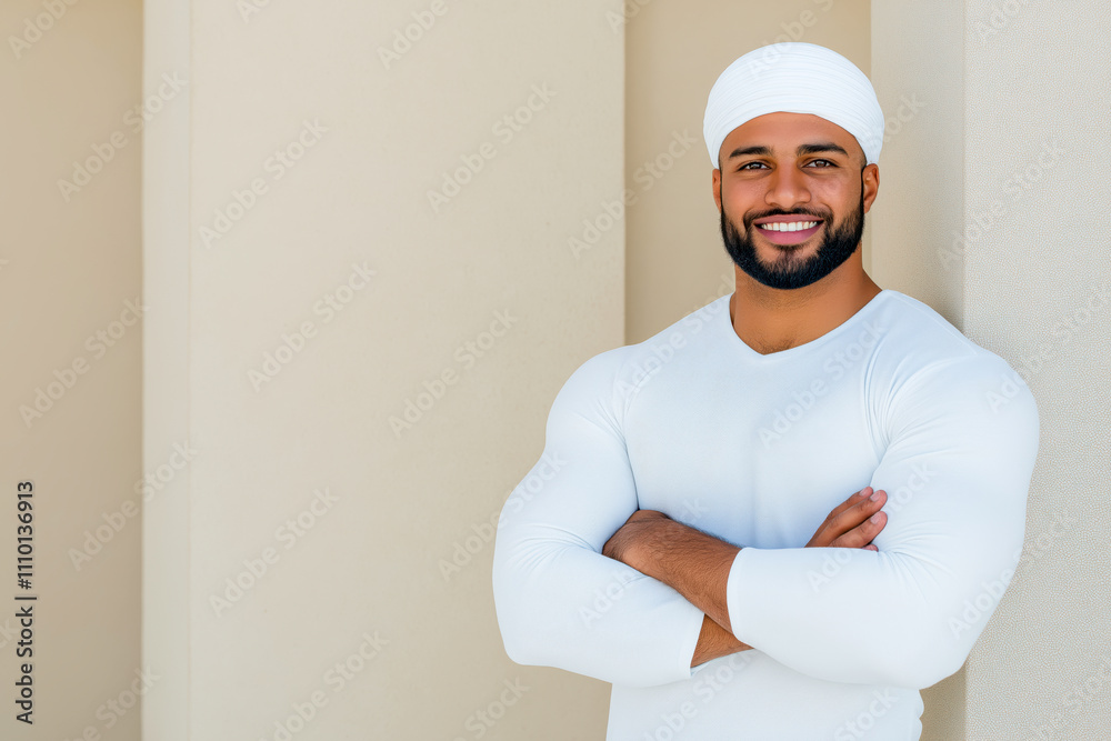 Smiling Emirati man in traditional attire stands confidently against a ...
