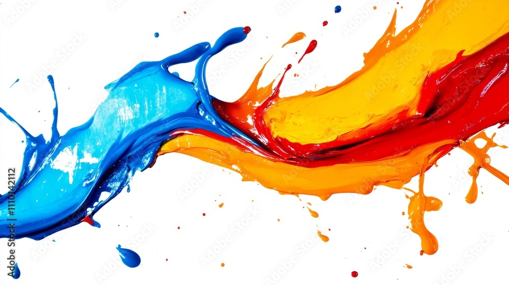 Abstract paint splashes in bold primary colors on a white background ...