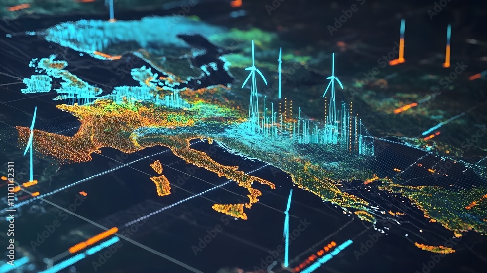 Digital map illustrating renewable energy resources and infrastructure ...