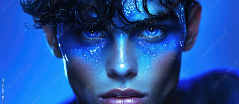 Blue Lagoon Portrait of Male Model with Dramatic Blue Face Paint and ...